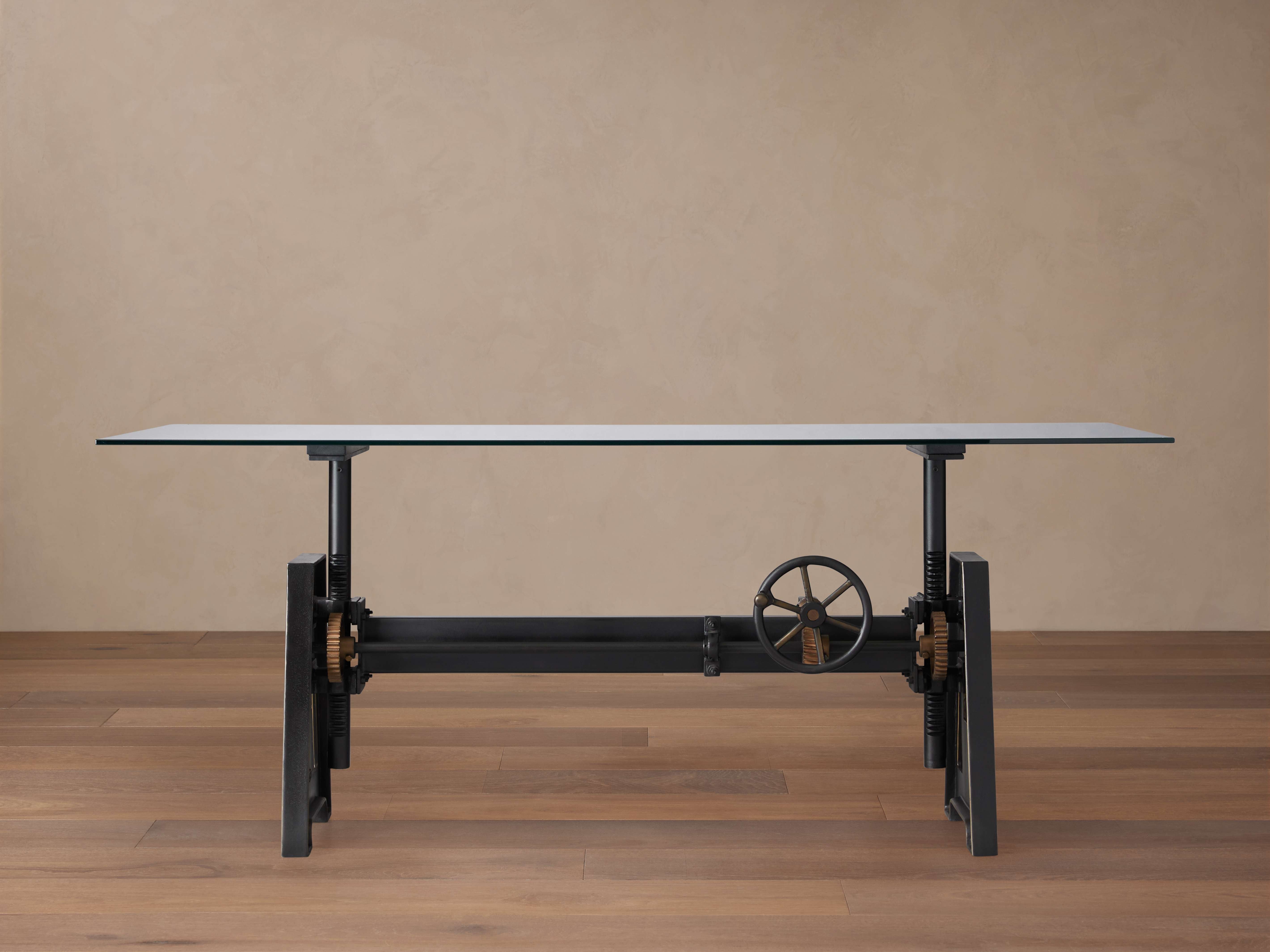 Industrial Crank Desk with Glass Top and Large Black Rubbed Copper Base ...